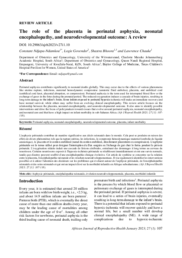 (PDF) The role of the placenta in perinatal asphyxia, neonatal ...