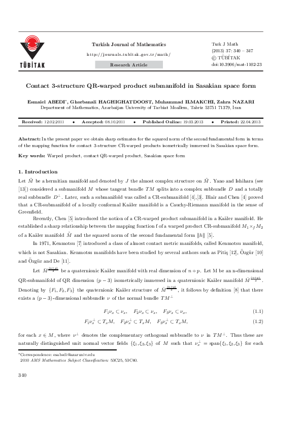 (PDF) Contact 3-structure QR-warped product submanifold in Sasakian space form