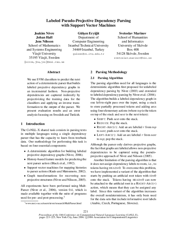 Pdf Labeled Pseudo Projective Dependency Parsing With Support Vector Machines Svetoslav
