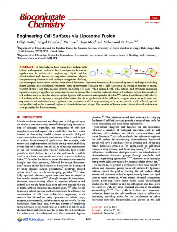 (PDF) Engineering Cell Surfaces via Liposome Fusion | Debjit Dutta - Academia.edu