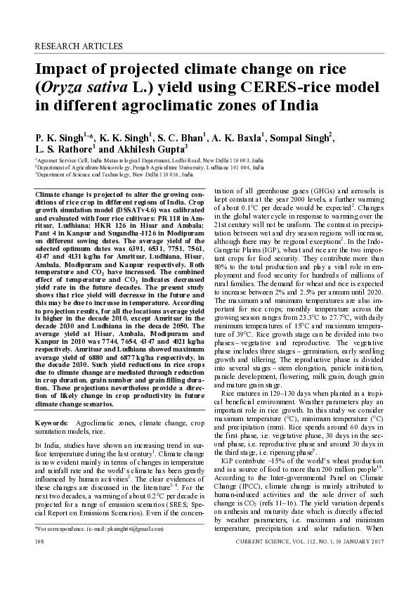 (PDF) Impact of Projected Climate Change on Rice (Oryza sativa L ...