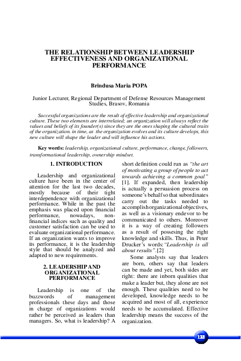 (PDF) THE RELATIONSHIP BETWEEN LEADERSHIP EFFECTIVENESS AND ORGANIZATIONAL PERFORMANCE