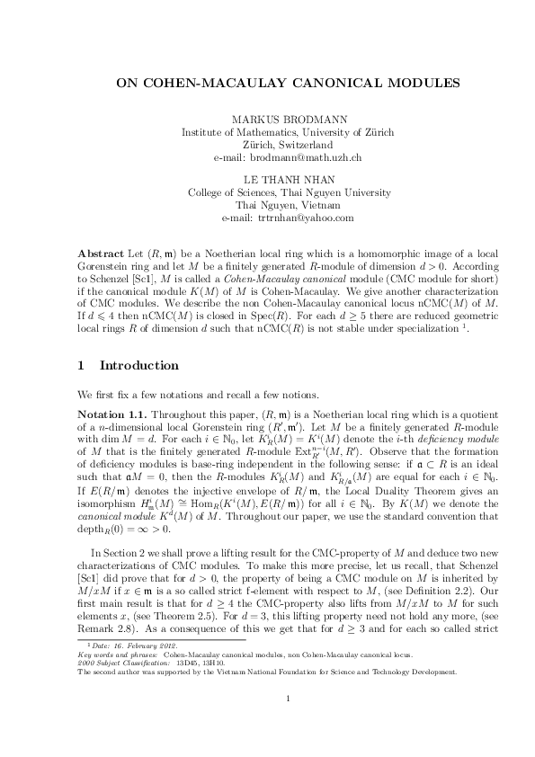 (PDF) On Cohen-Macaulay Canonical Modules