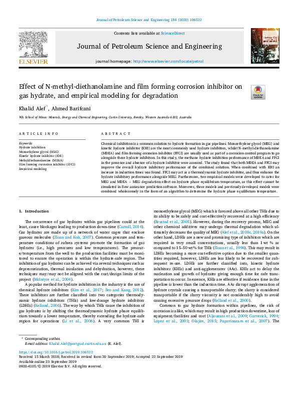 (PDF) Effect of N-methyl-diethanolamine and film forming corrosion ...