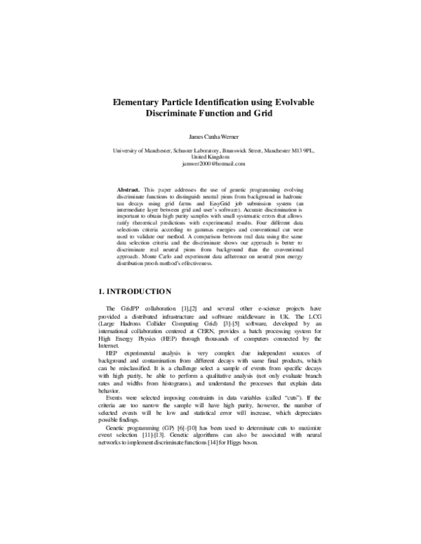 (PDF) Elementary Particle Identification using Evolvable Discriminate Function and Grid