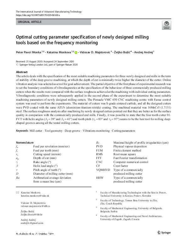 (PDF) Optimal cutting parameter specification of newly designed milling ...