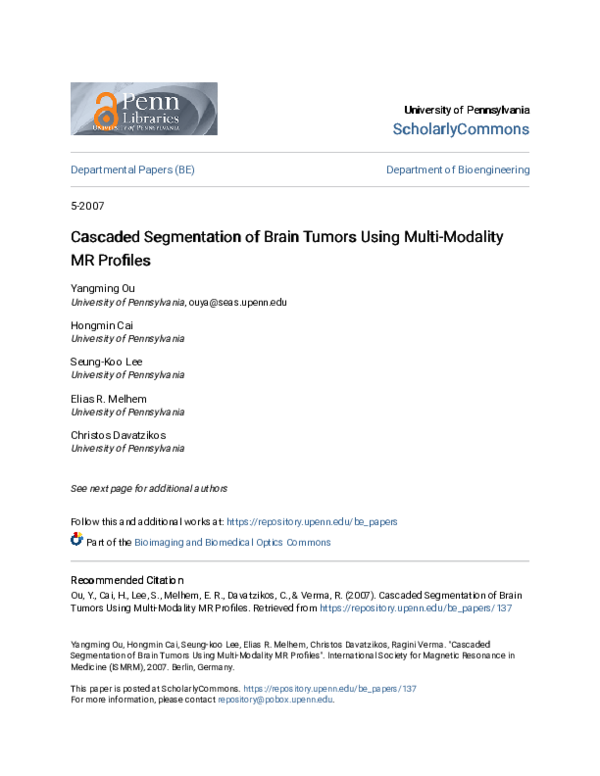 (PDF) Cascaded segmentation of brain tumors using multi-modality MR profiles