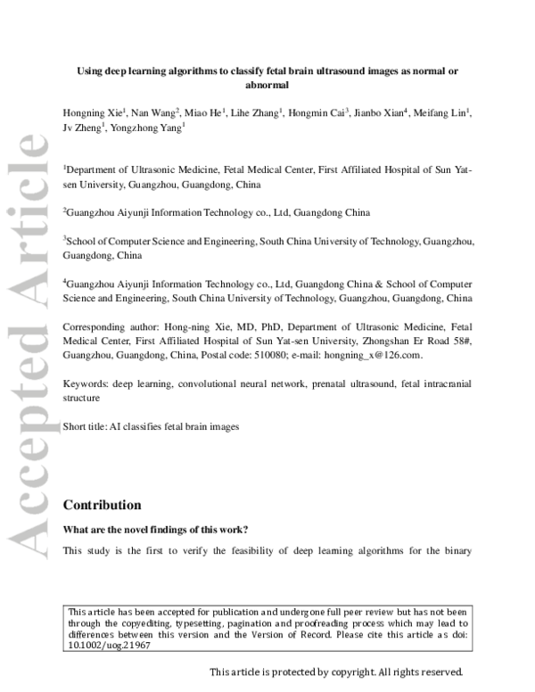 Pdf Using Deep‐learning Algorithms To Classify Fetal Brain Ultrasound Images As Normal Or Abnormal