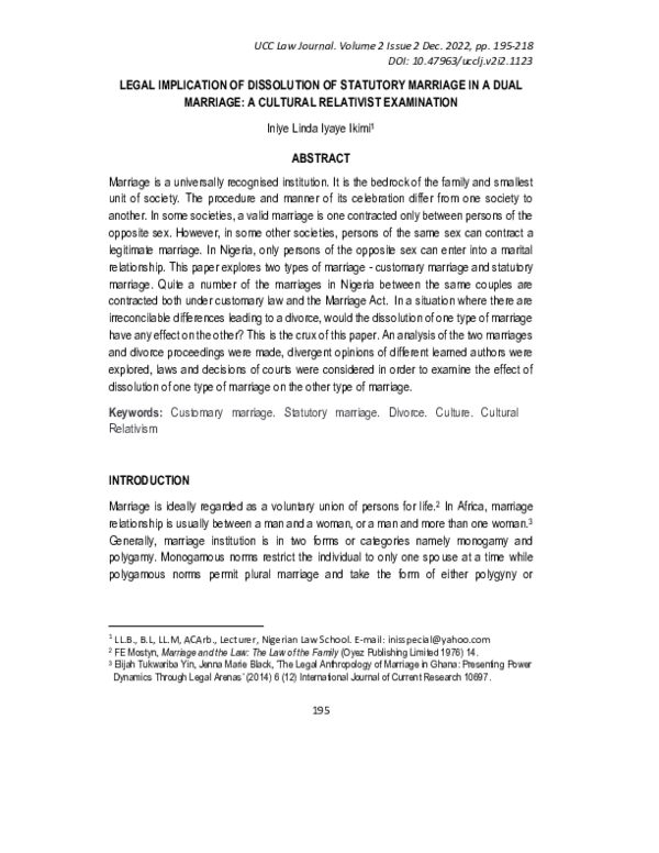 (PDF) Legal Implication of Dissolution of Statutory Marriage in a Dual ...
