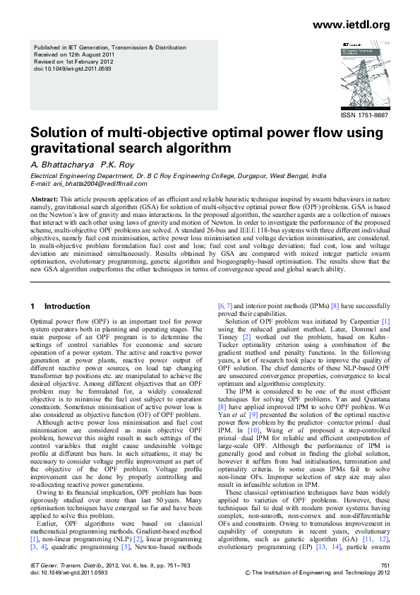 Solution of multi-objective optimal power flow using gravitational search algorithm