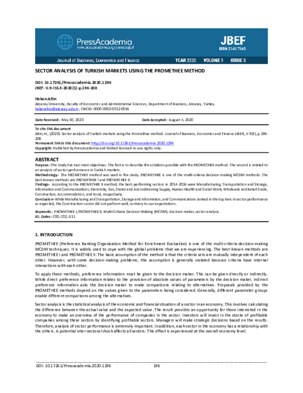 (PDF) Sector analysis of Turkish markets using the Promethee method
