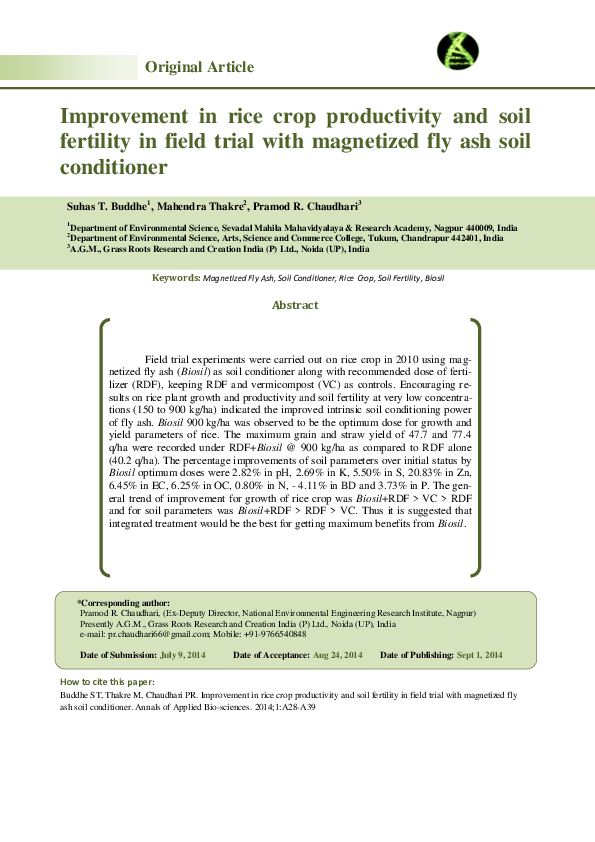 (PDF) Improvement in rice crop productivity and soil fertility in field ...