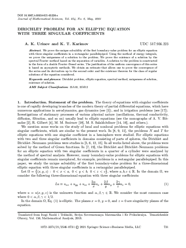 (PDF) Dirichlet Problem for an Elliptic Equation with Three Singular Coefficients