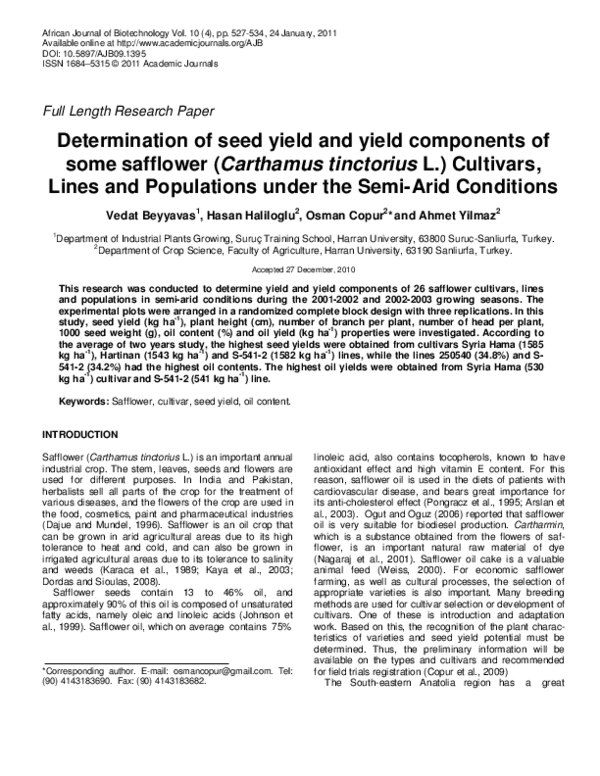 (PDF) Determination of seed yield and yield components of some safflower (Carthamus tinctorius L ...
