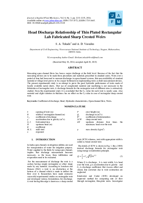 (PDF) Head Discharge Relationship of Thin Plated Rectangular Lab ...