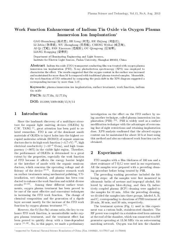(PDF) Work Function Enhancement of Indium Tin Oxide via Oxygen Plasma ...