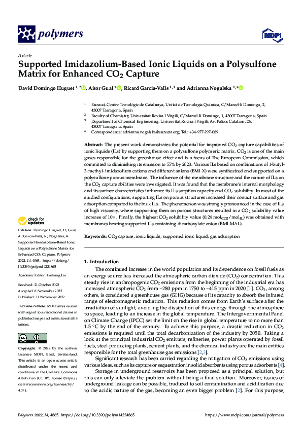 (PDF) Supported Imidazolium-Based Ionic Liquids on a Polysulfone Matrix for Enhanced CO2 Capture
