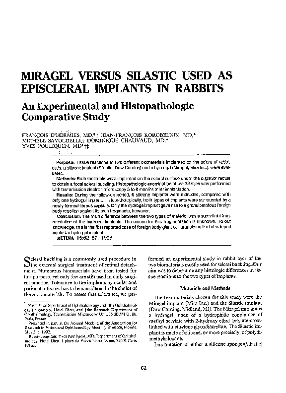 (PDF) MIRAGEL VERSUS SILASTIC USED AS EPISCLERAL IMPLANTS IN RABBITS ...