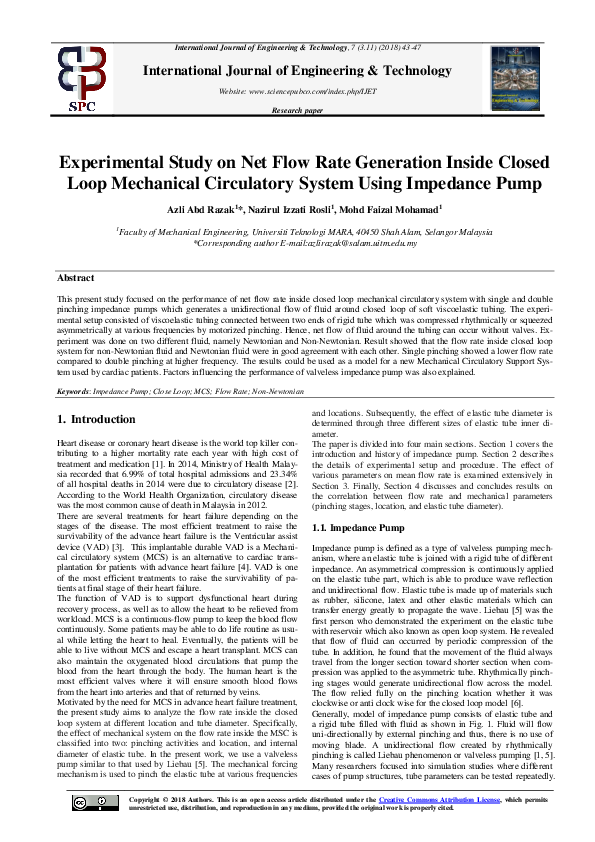 (PDF) Experimental Study on Net Flow Rate Generation Inside Closed Loop Mechanical Circulatory ...