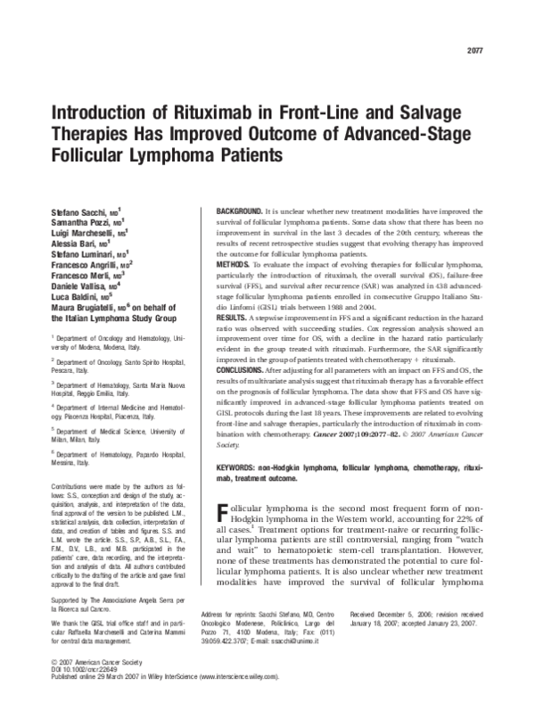 (PDF) Introduction of rituximab in front-line and salvage therapies has improved outcome of ...