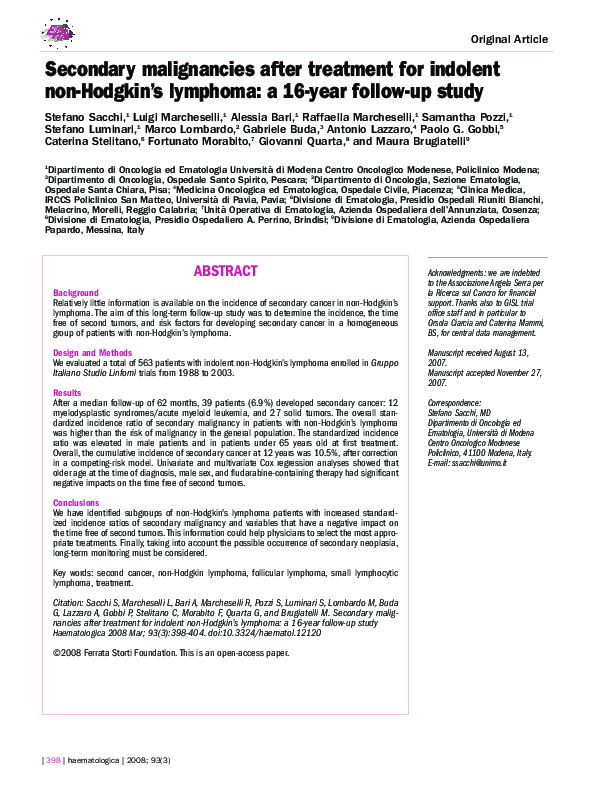 (PDF) Secondary malignancies after treatment for indolent non-Hodgkin's ...