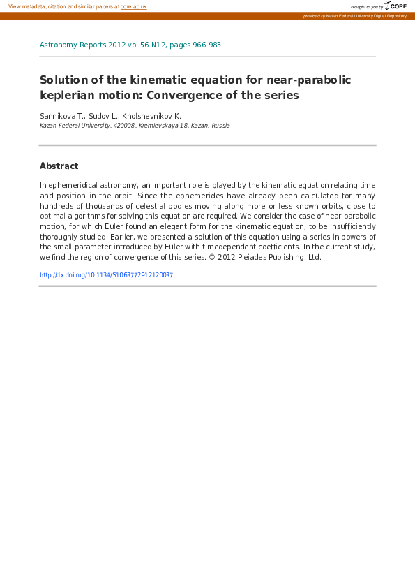 (PDF) Solution of the kinematic equation for near-parabolic keplerian motion: Convergence of the ...