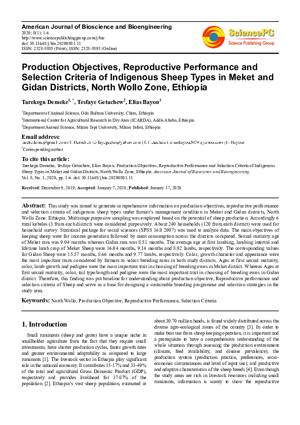 (PDF) Production Objectives, Reproductive Performance and Selection Criteria of Indigenous Sheep ...