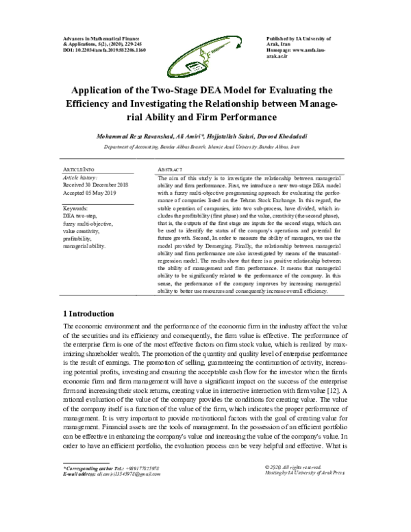 (PDF) Application of the Two-Stage DEA Model for Evaluating the Efficiency and Investigating the ...