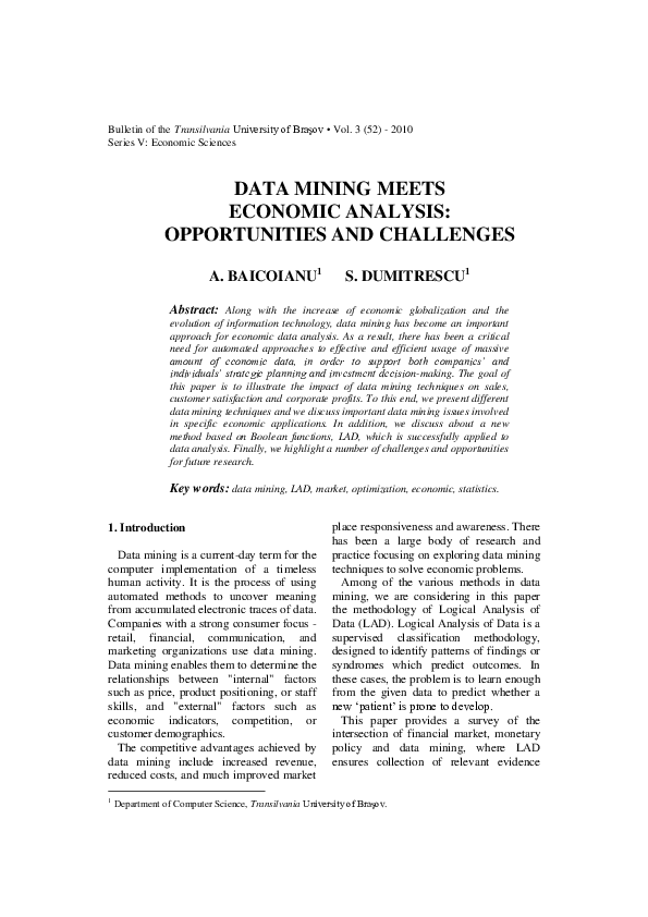 (PDF) Data Mining Meets Economic Analysis: Opportunities and Challenges