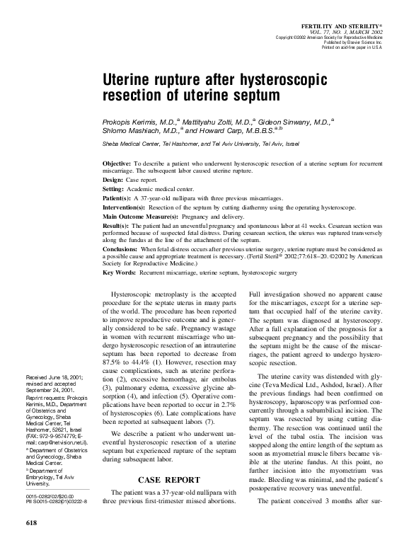(PDF) Uterine rupture after hysteroscopic resection of uterine septum