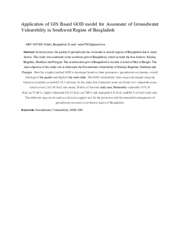 Pdf Application Of Gis Based God Model For Assesment Of Groundwater Vulnerability In Southwest