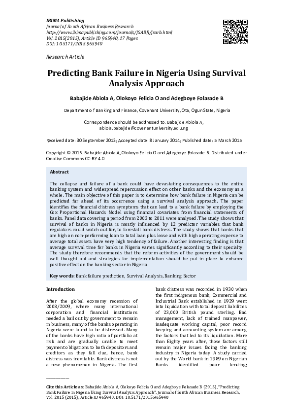 (PDF) Predicting Bank Failure in Nigeria Using Survival Analysis Approach