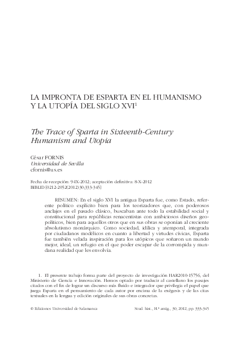 (PDF) The Trace of Sparta in Sixteenth-Century Humanism and Utopia