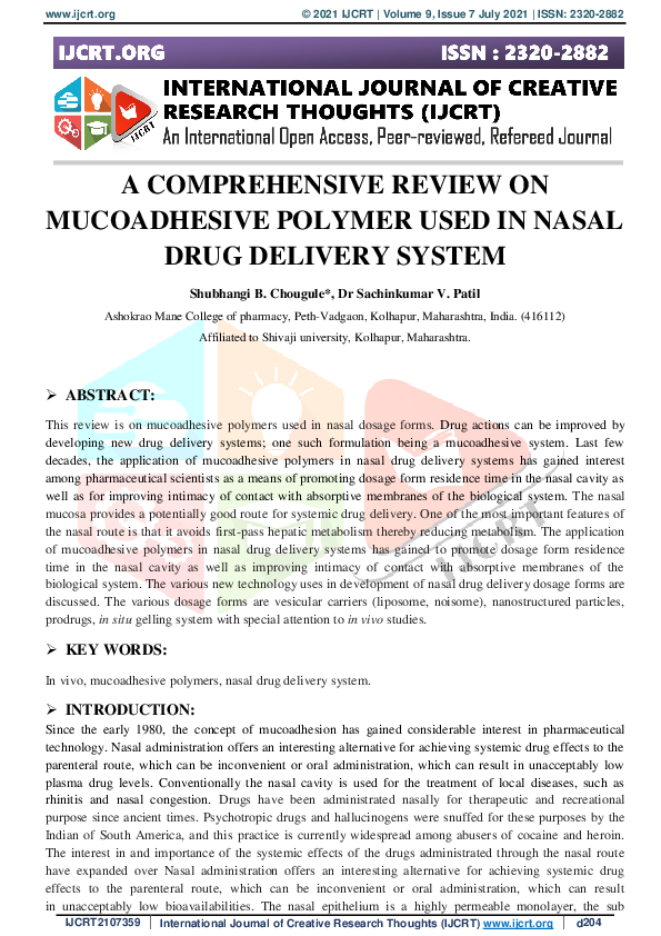 (PDF) A Comprehensive Review on Mucoadhesive Polymer Used in Nasal Drug ...