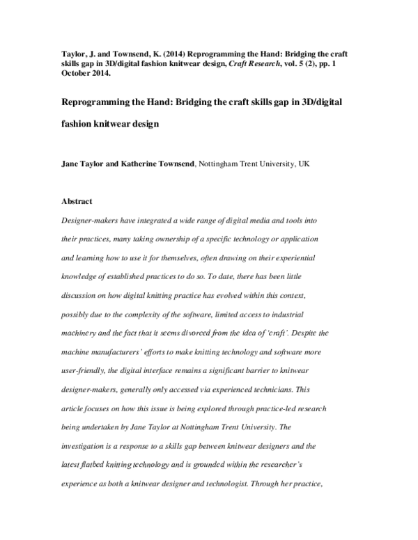 (PDF) Reprogramming the hand: Bridging the craft skills gap in 3D ...