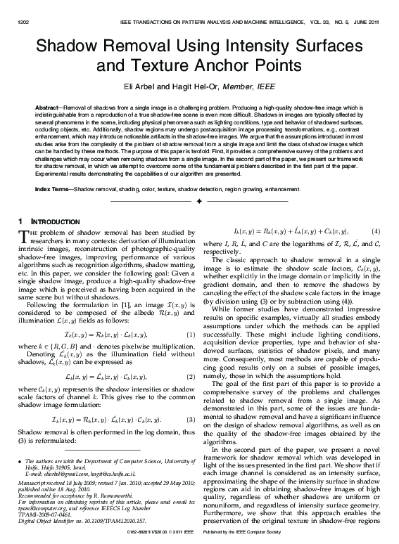 (PDF) Shadow Removal Using Intensity Surfaces and Texture Anchor Points