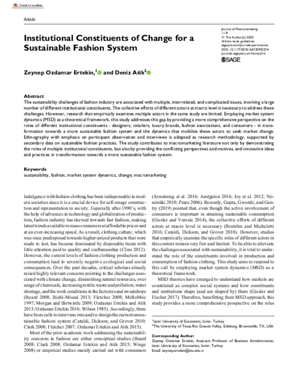 (PDF) Institutional Constituents of Change for a Sustainable Fashion System