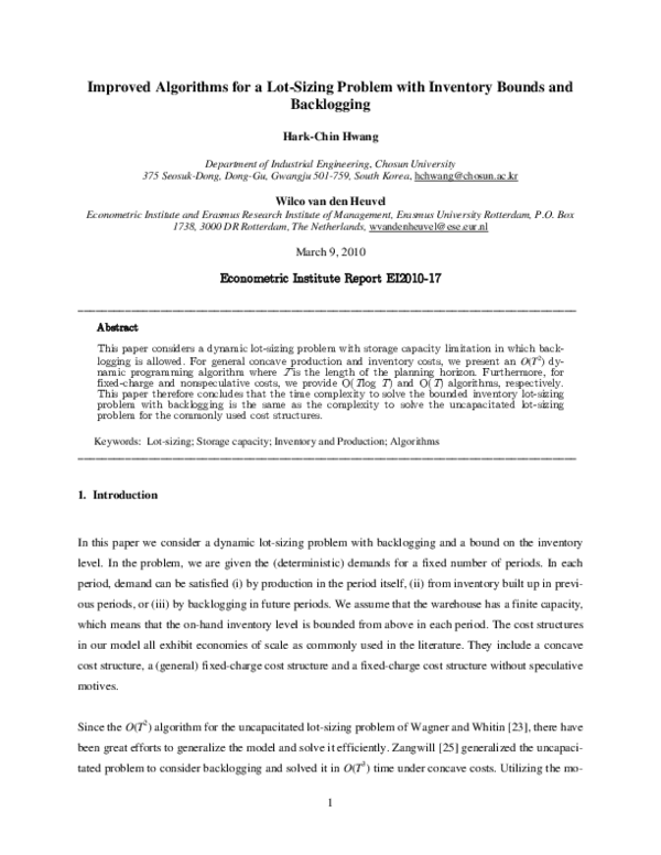 Pdf Improved Algorithms For A Lot Sizing Problem With Inventory