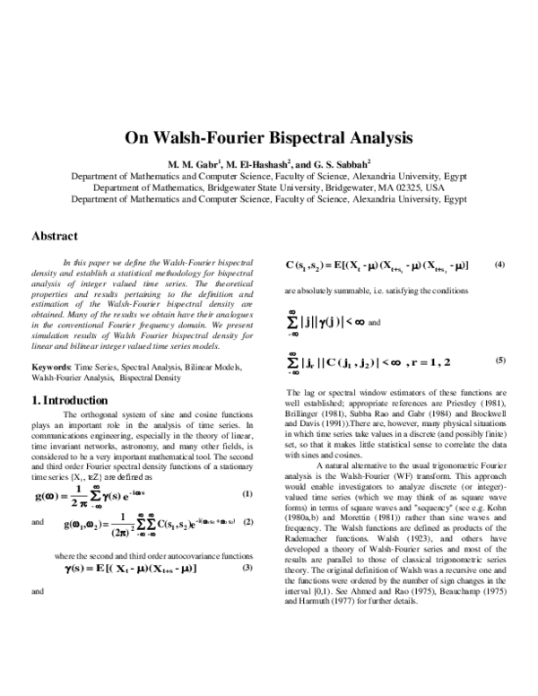 (PDF) On Walsh-Fourier Bispectral Analysis
