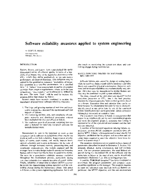 (PDF) Software reliability measures applied to system engineering