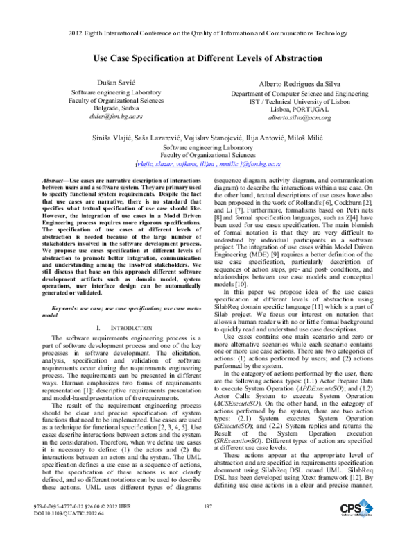 (PDF) Use case specification at different levels of abstraction