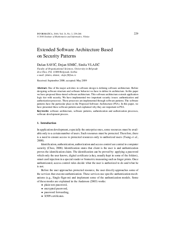 (PDF) Extended Software Architecture Based on Security Patterns (PDF) Extended Software Architecture Based on Security Patterns