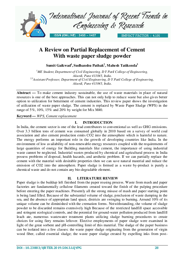 (PDF) A Review on Partial Replacement of Cement with waste paper sludge ...