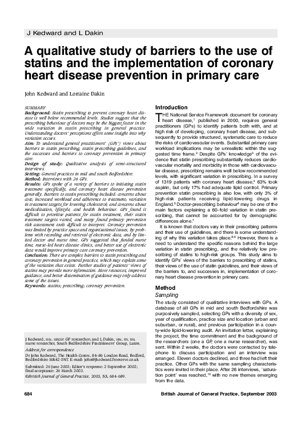 (PDF) A qualitative study of barriers to the use of statins and the ...