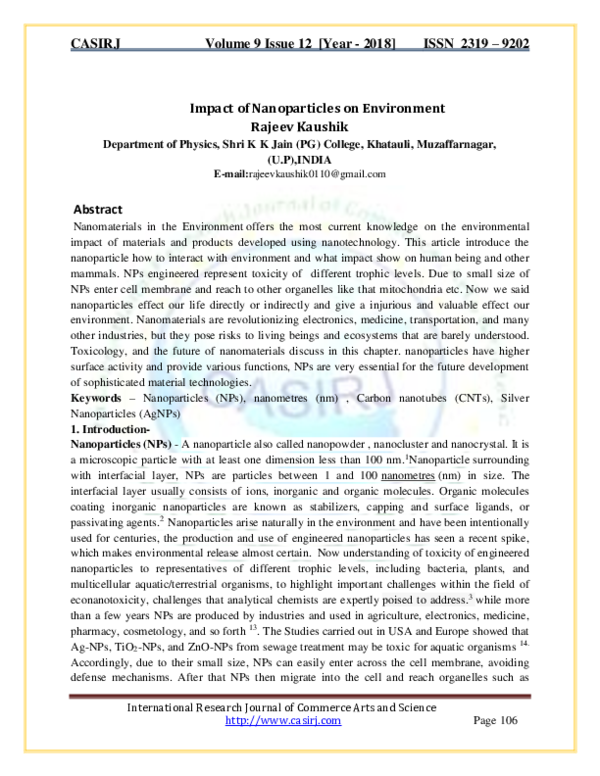 (PDF) Impact of Nanoparticles on Environment
