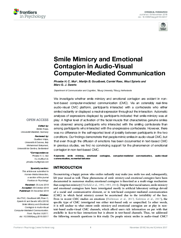 (PDF) Smile Mimicry and Emotional Contagion in Audio-Visual Computer ...