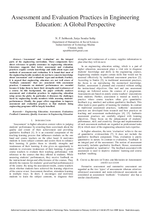 (PDF) Assessment and Evaluation Practices in Engineering Education: A ...