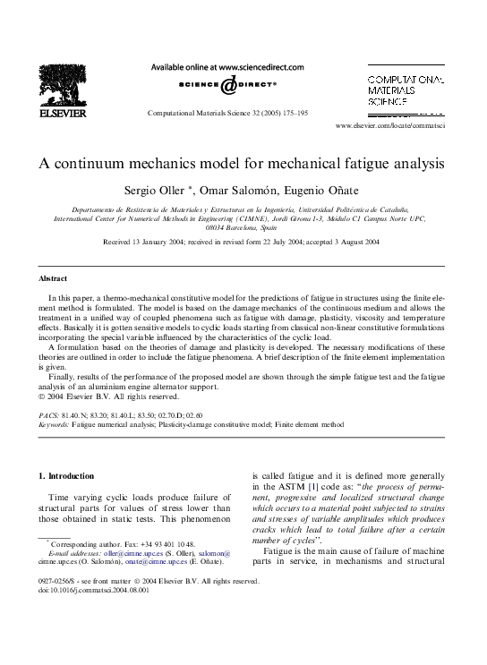 (PDF) A continuum mechanics model for mechanical fatigue analysis