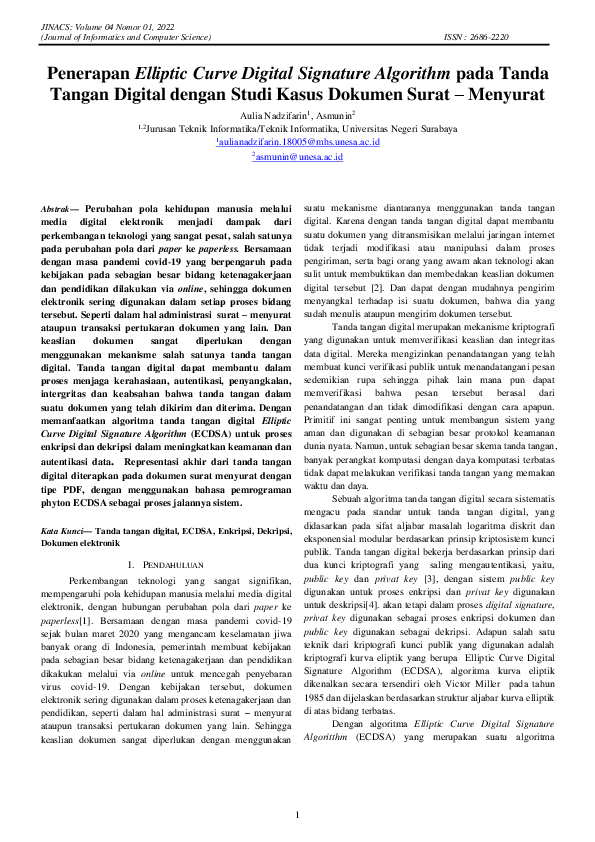 Pdf Penerapan Elliptic Curve Digital Signature Algorithm Pada Tanda