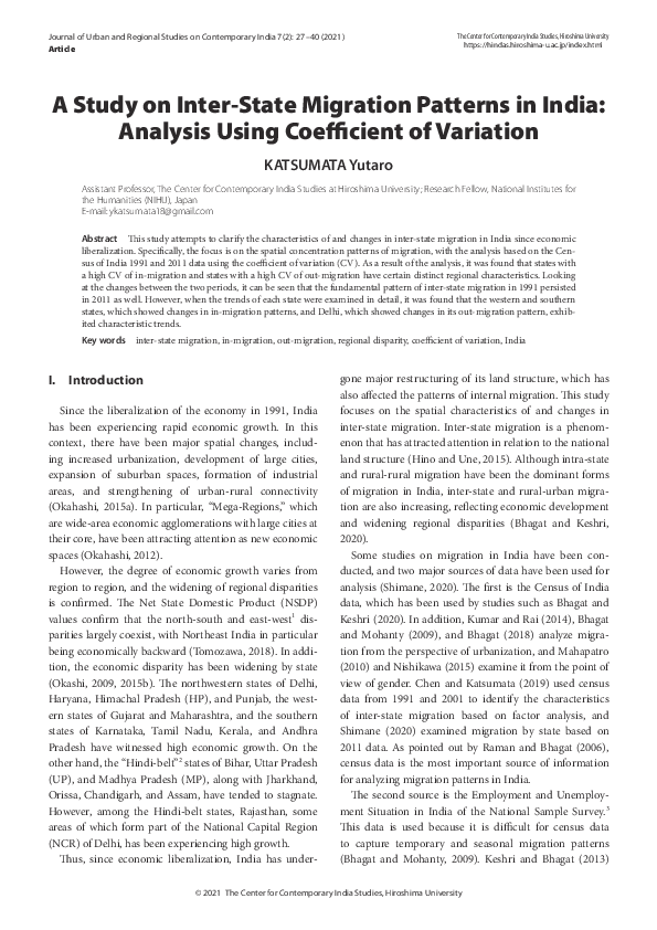 (PDF) A Study on Inter-State Migration Patterns in India: Analysis ...
